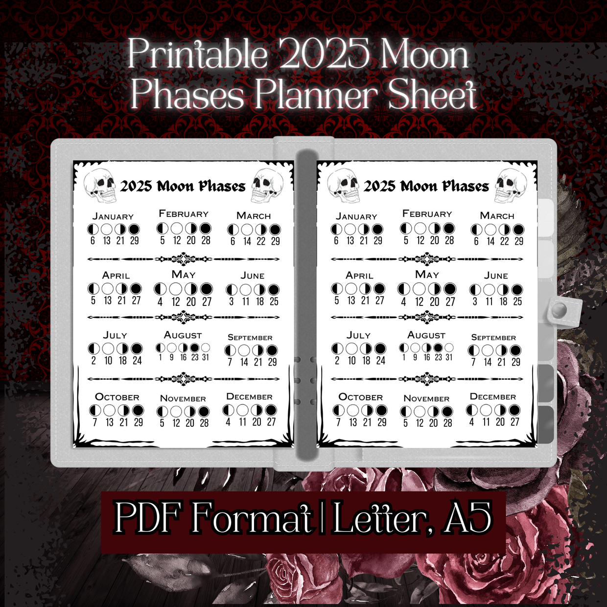 Goth Moon Phase Planner Inserts | Lunar Calendar Pages