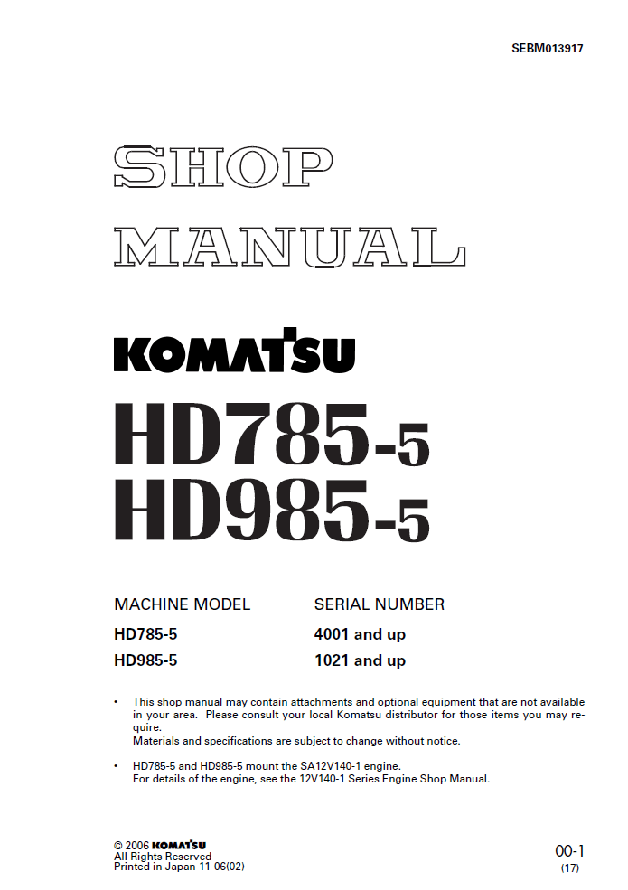 Komatsu Shop Manual HD785-5, HD985-5 4001 and up, 1021 and up Dump ...