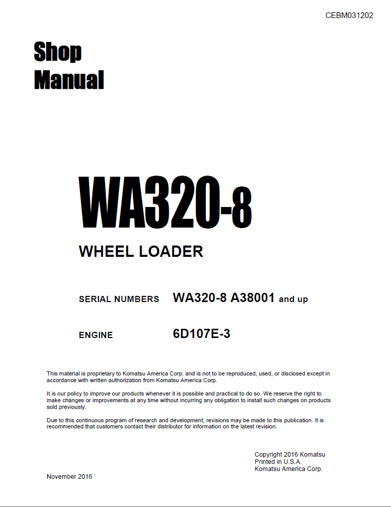Komatsu Shop Manual WA320-8 A38001 and up Wheel Loader CEBM031202 English