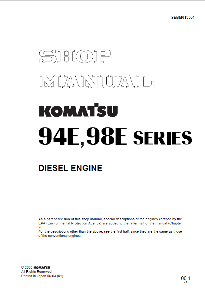 Komatsu Shop Manual 4D94E-1A, 4D98E-1A, 94E, 98E Series Diesel Engine ...