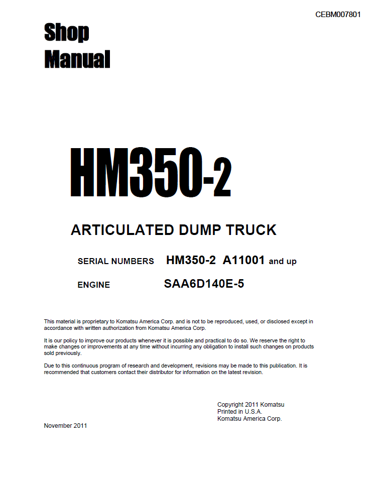 Komatsu Shop Manual HM350-2 A11001 and up Articulated Dump Truck CEBM007801 English