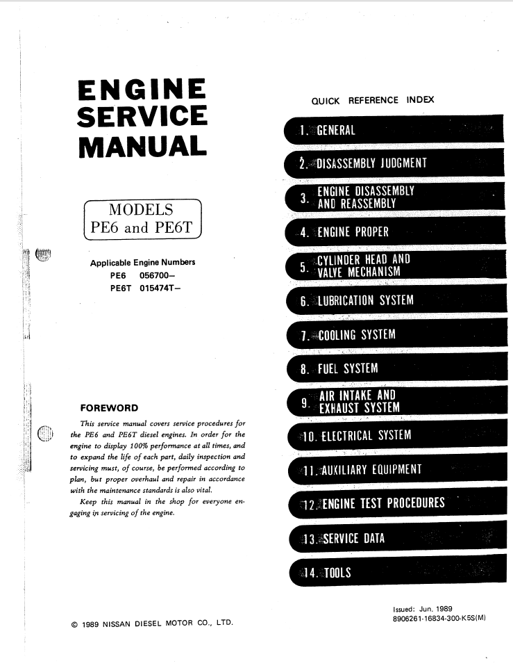 Nissan PE6 and PE6T S/N:056700~, 015474T Diesel Engine Service Manual ...