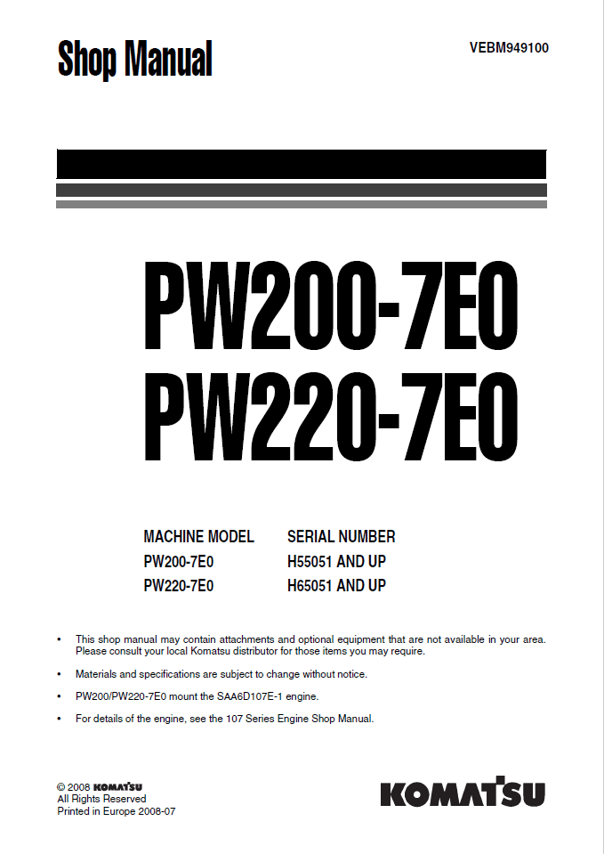 Komatsu Shop Manual PW200-7E0, PW220-7E0 H55051 and up H65051 and up ...