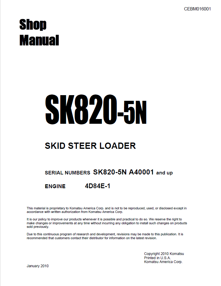 Komatsu Shop Manual SK820-5N A40001 and up Skid Steer Loader CEBM016001 ...