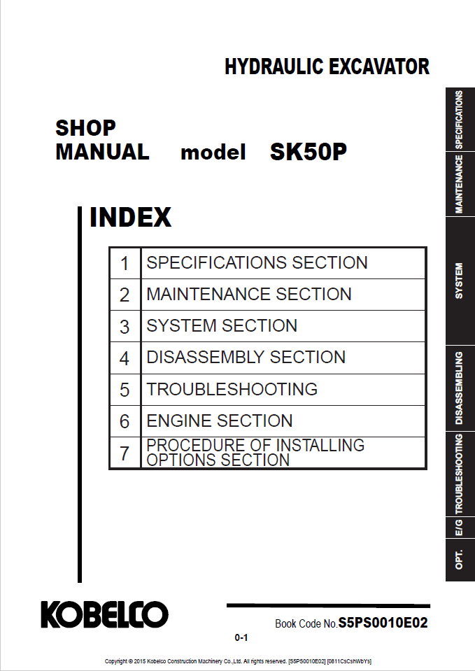 Kobelco SK50P S/N:PS02-00101~ Hydraulic Excavator Service Manual Shop Manual S5PS0010E02 English