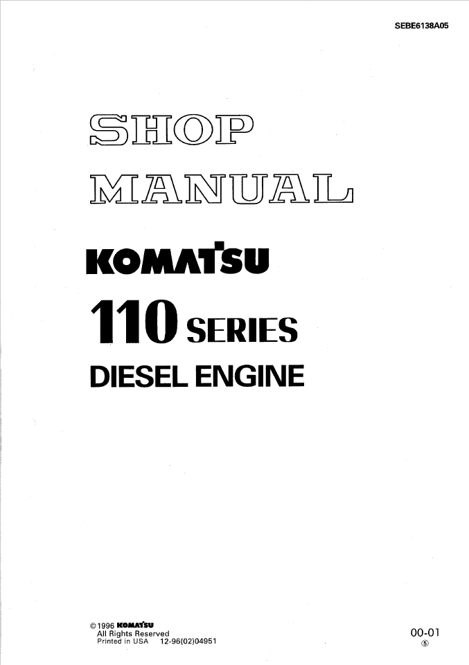 Komatsu Shop Manual S6D110-1, SA6D110-1, 110 Series 10001 and up Diesel ...