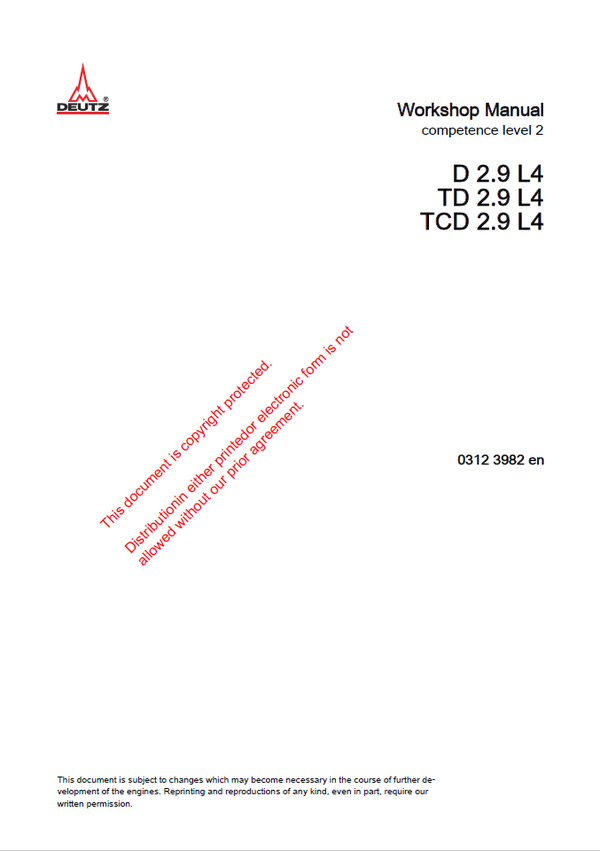 Deutz D 2.9 L4, TD 2.9 L4, TCD 2.9 L4 Diesel Engine Workshop Manual ...