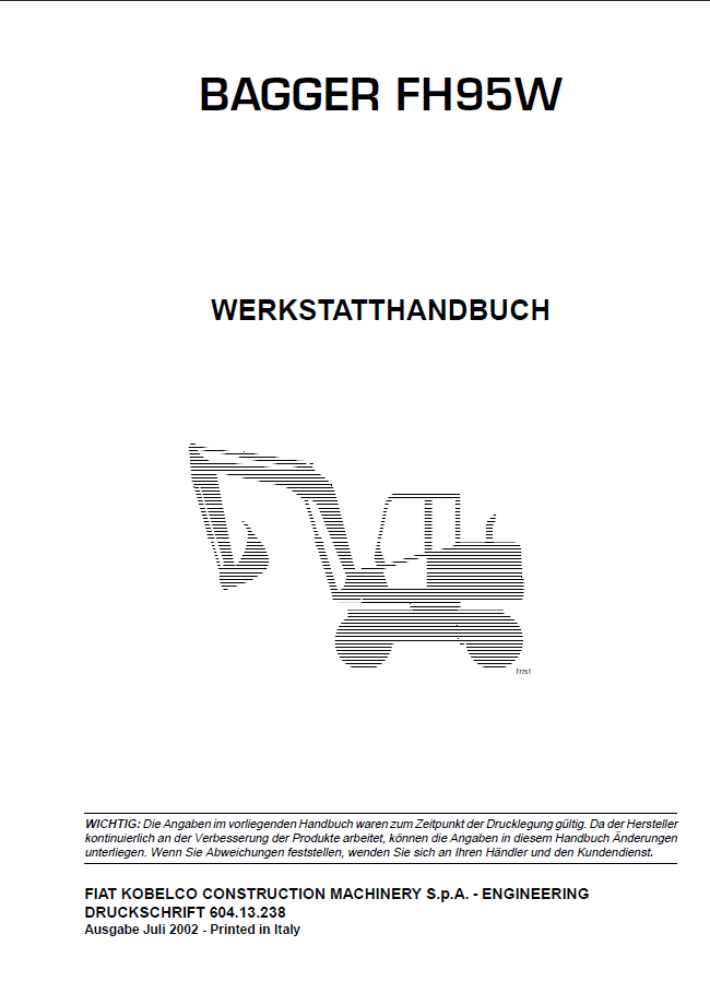 Fiat Kobelco FH95W BAGGER WERKSTATTHANDBUCH 60413238 DEUTSCH