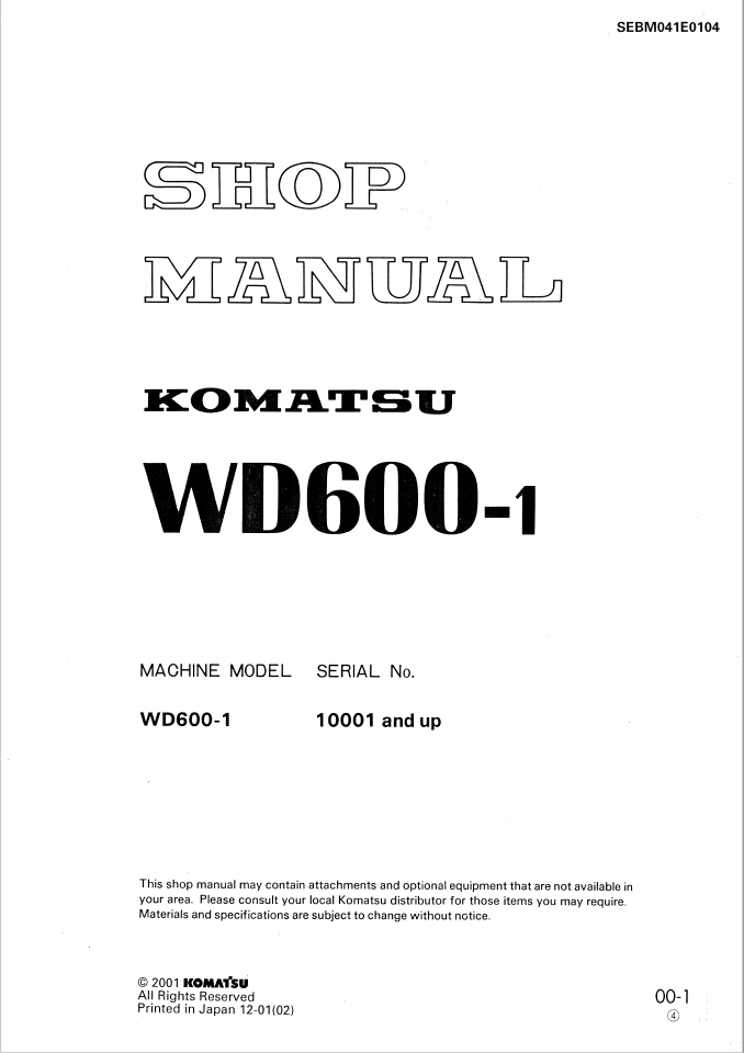 Komatsu Shop Manual WD600-1 10001 and up Wheel Dozer SEBM041E0104 English