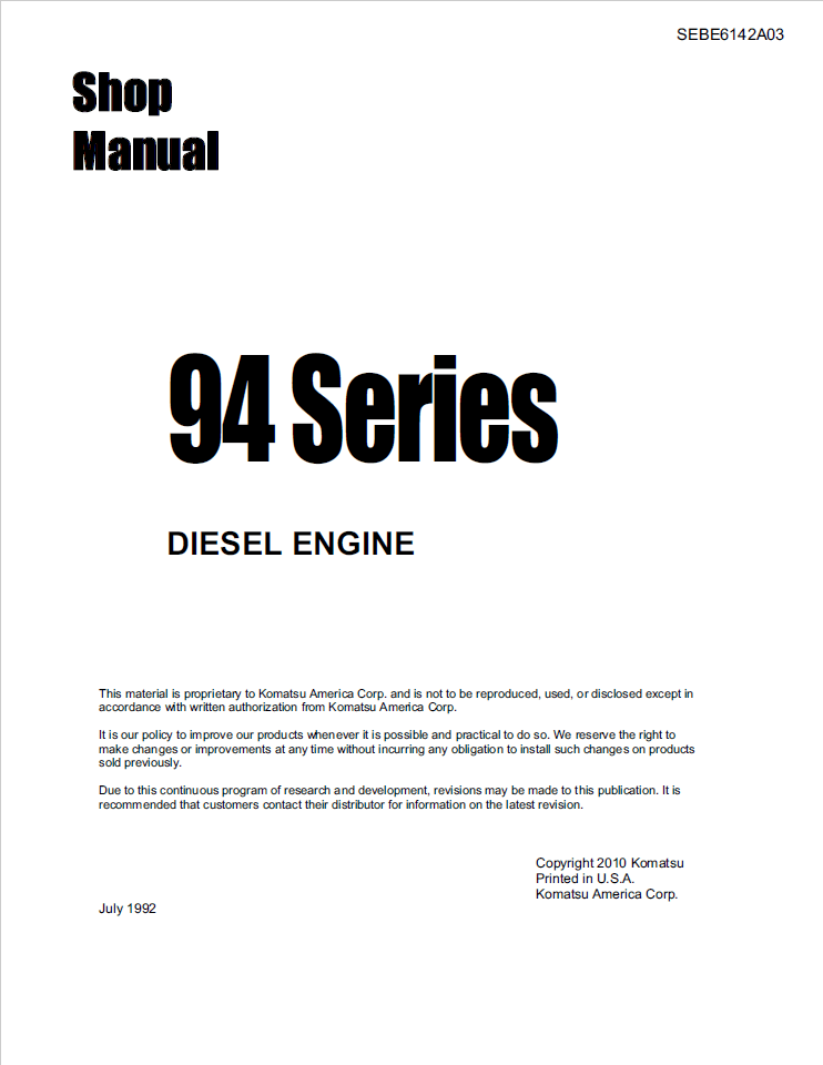 Komatsu Shop Manual 2D94-2, 3D94-2, 4D94-2, 4D94-3, 94 Series Diesel ...