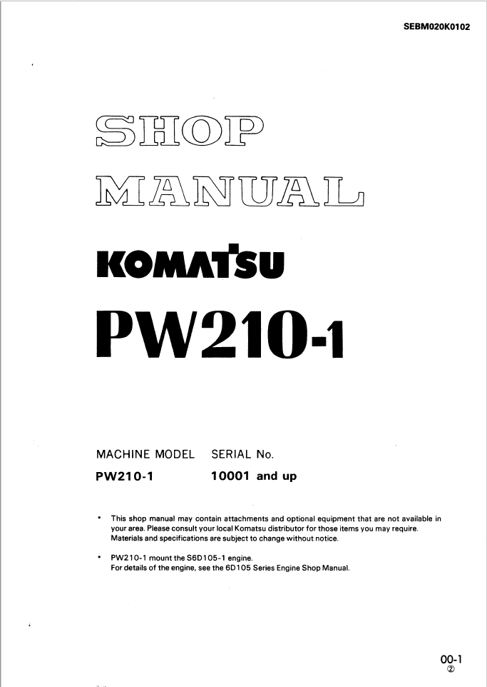 Komatsu Shop Manual PW210-1 10001 and up Wheeled Excavator SEBM020K0102 ...