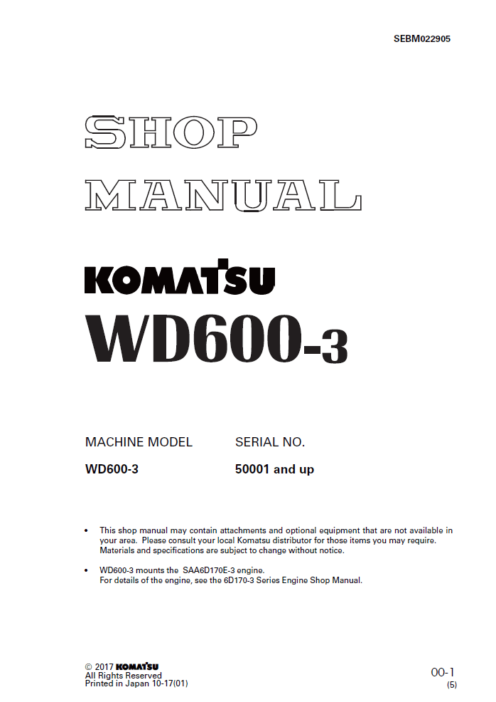 Komatsu Shop Manual WD600-3 50001 and up Wheel Dozer SEBM022905 English