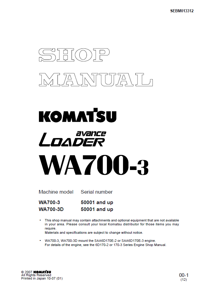 Komatsu Shop Manual WA700-3, WA700-3D Avance Loader 50001 and up Wheel ...