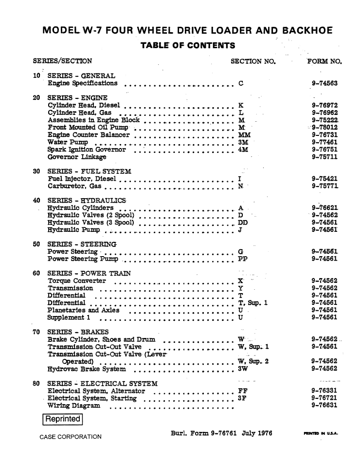 Case Construction W7, W7C, W9 Four Wheel Drive Backhoe Loader/Wheel ...