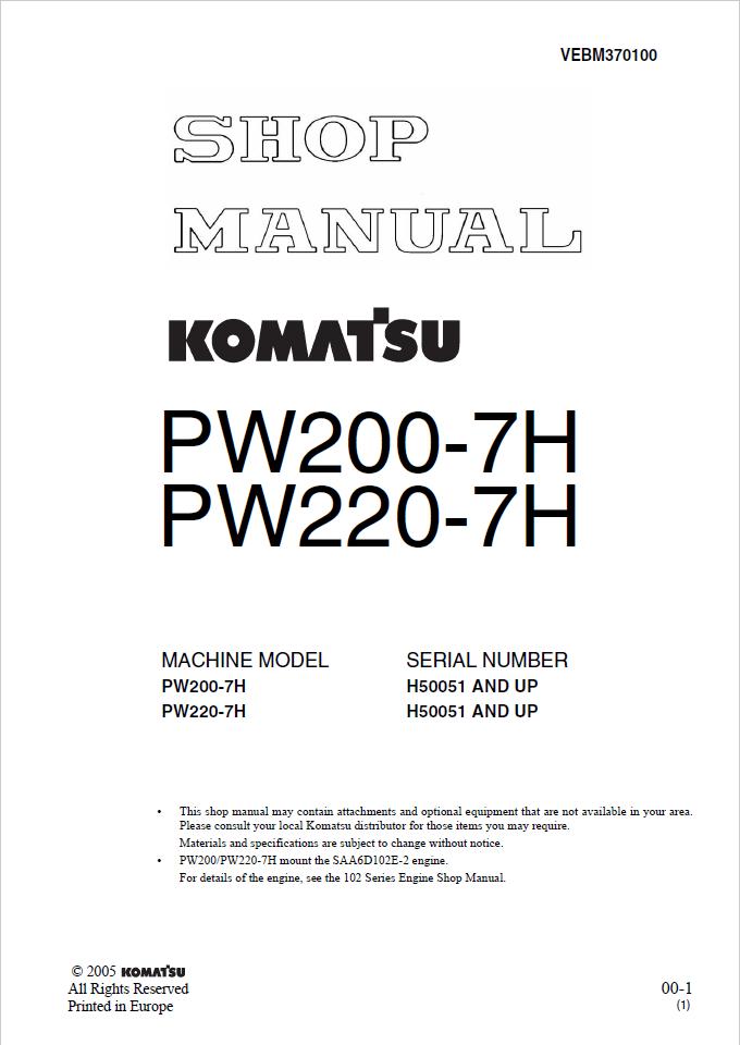 Komatsu Shop Manual PW200-7H, PW220-7H H50051 and up Wheeled Excavator ...