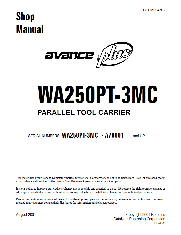 Komatsu Shop Manual WA250PT-3MC Avance Plus Parallel Tool Carrier Wheel Loader CEBM004702 English
