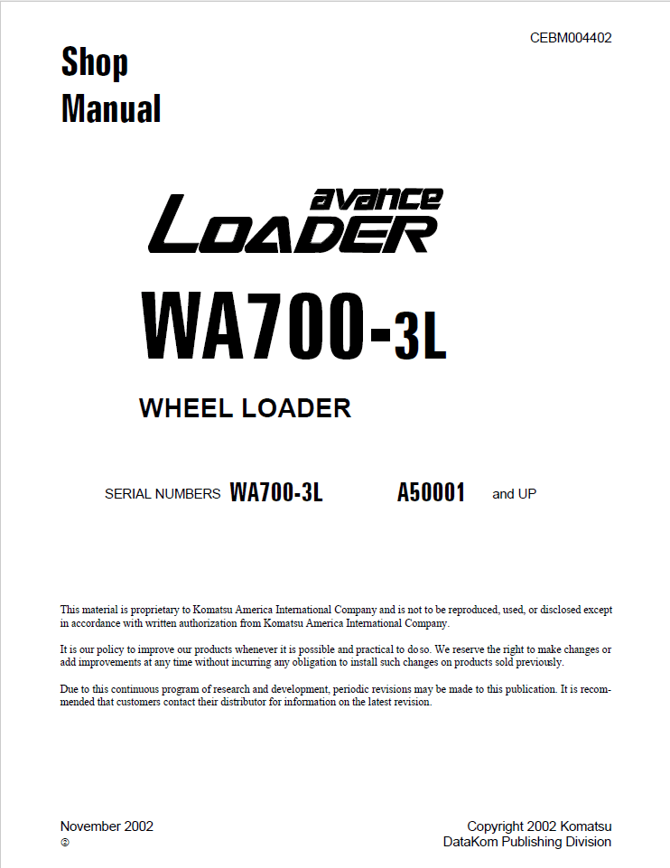 Komatsu Shop Manual WA700-3L Avance Loader A50001 and up Wheel Loader ...