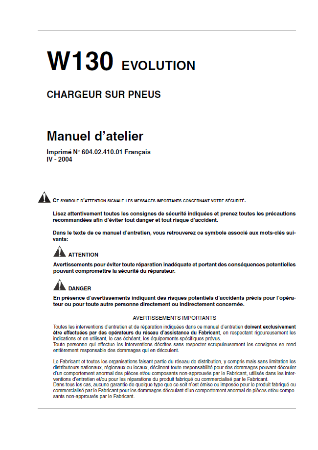 Fiat Kobelco W130 EVOLUTION CHARGEUR SUR PNEUS Manuel d’atelier ...