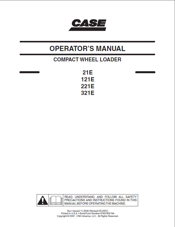 CASE Construction 21E 121E, 221E, 321E COMPACT WHEEL LOADER Operator's ...