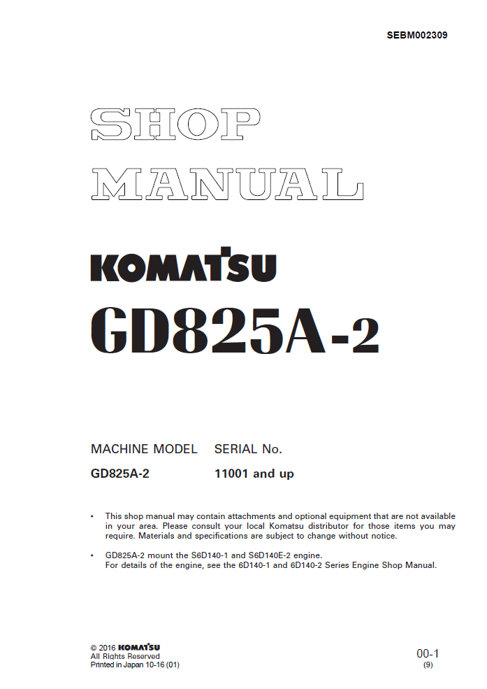 Komatsu Shop Manual GD825A-2 11001 and up Motor Grader SEBM002309 English