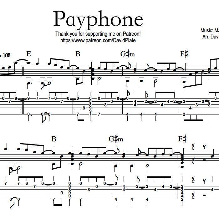 PAYPHONE (Maroon 5) - Fingerstlye Guitar Arrangement - TABs + Notation