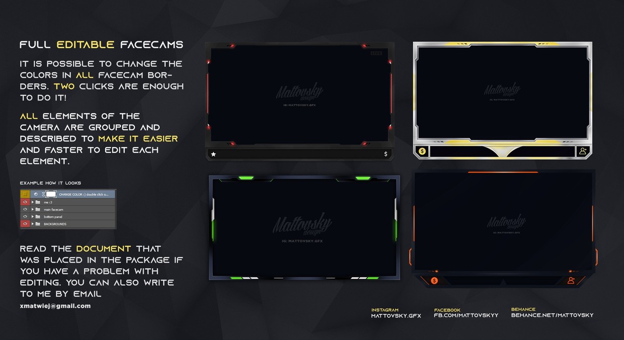 4 STREAM FACECAM TEMPLATES - FULL EDITABLE PSD