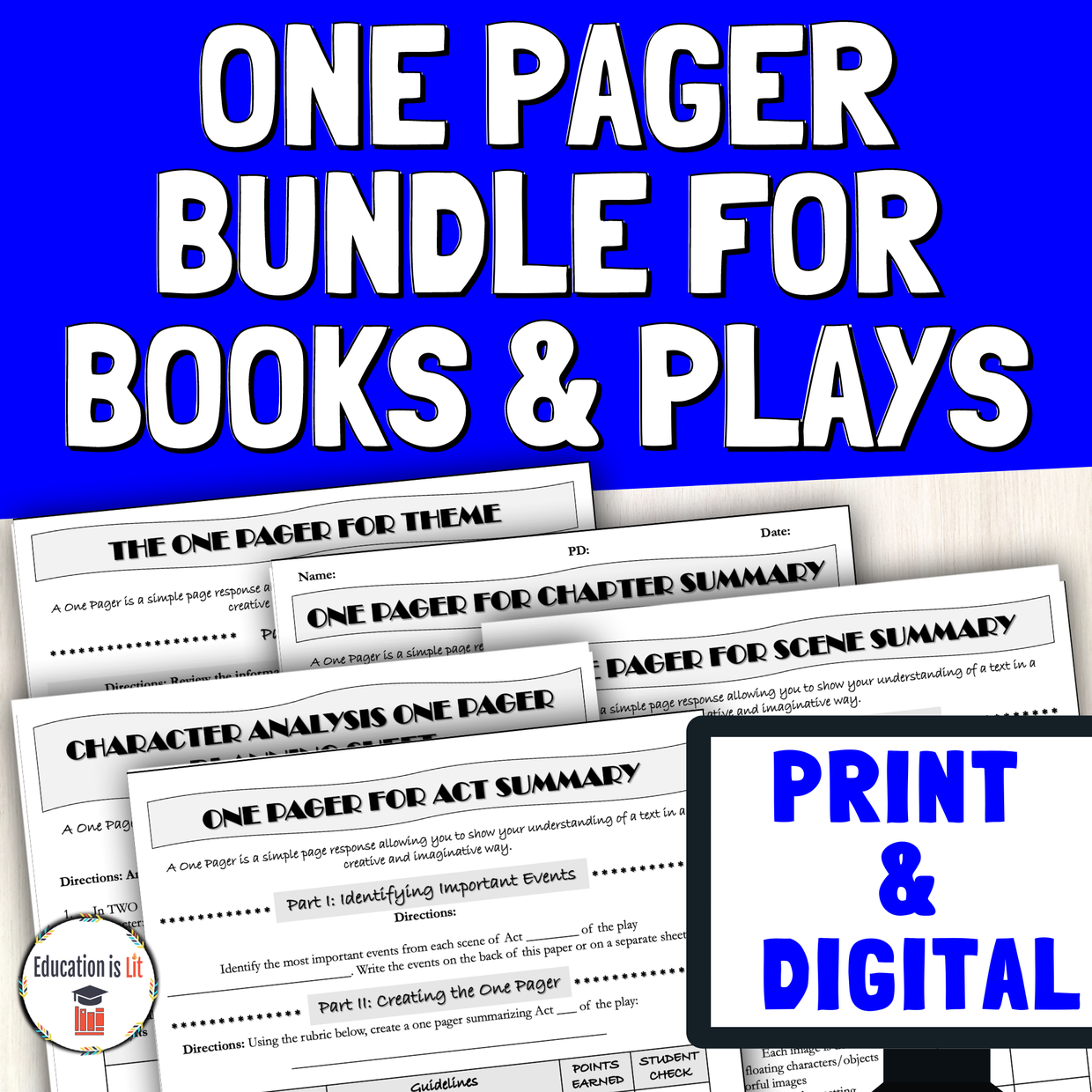 Bundle of One Pager Activities for Books & Plays