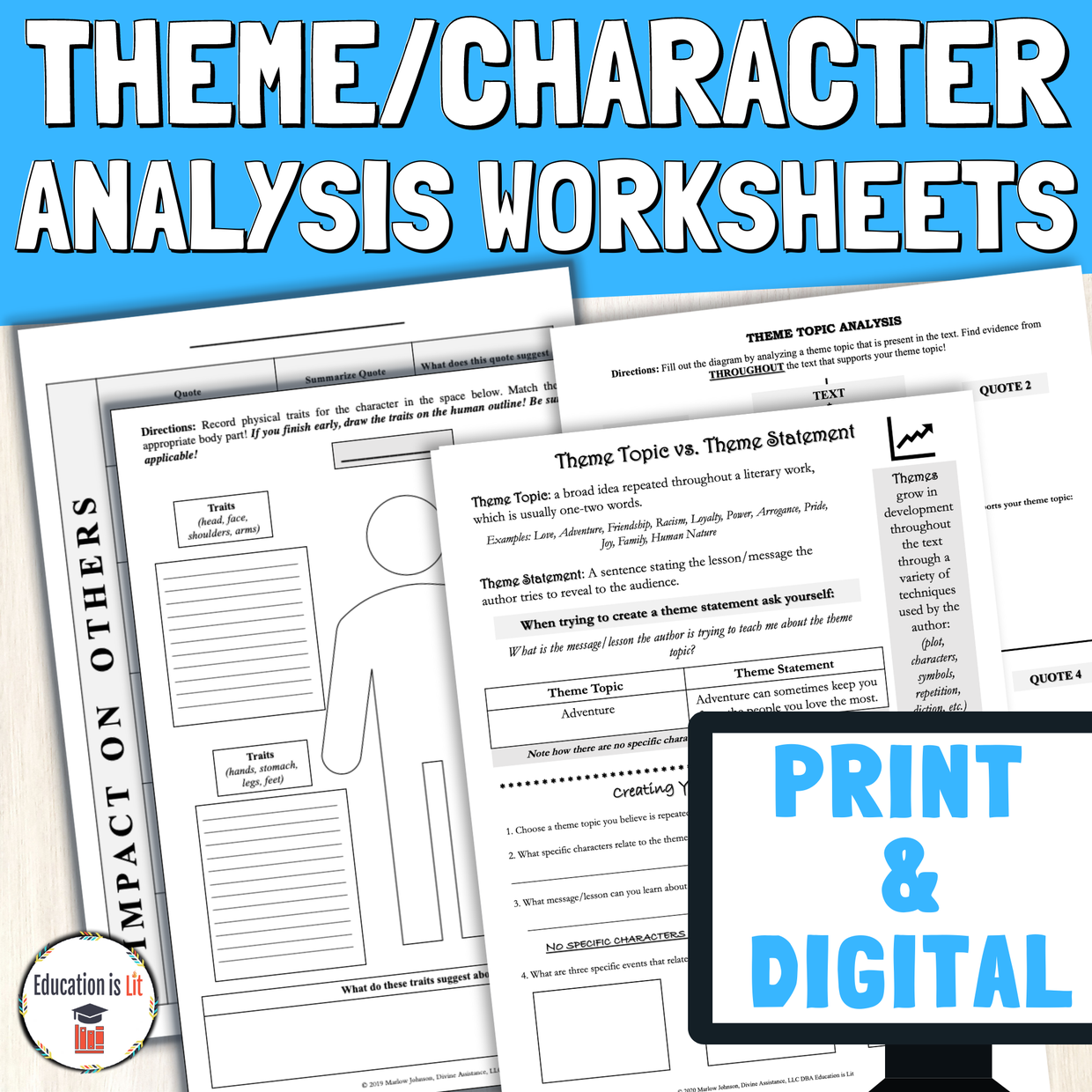 Bundle of Worksheets for Theme and Character Analysis