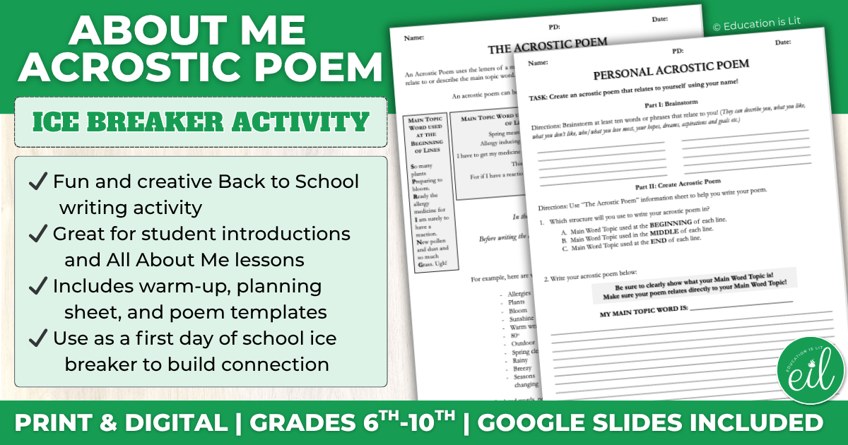 Back to School Acrostic Poem | All About Me Ice Breaker Activity