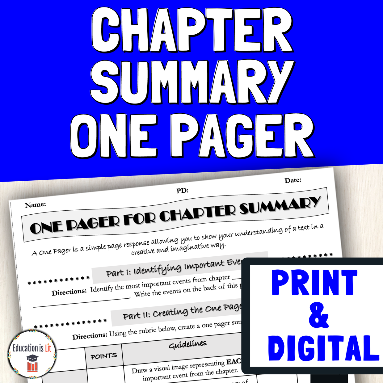 One Pager Activity for Chapter Summary & Analysis