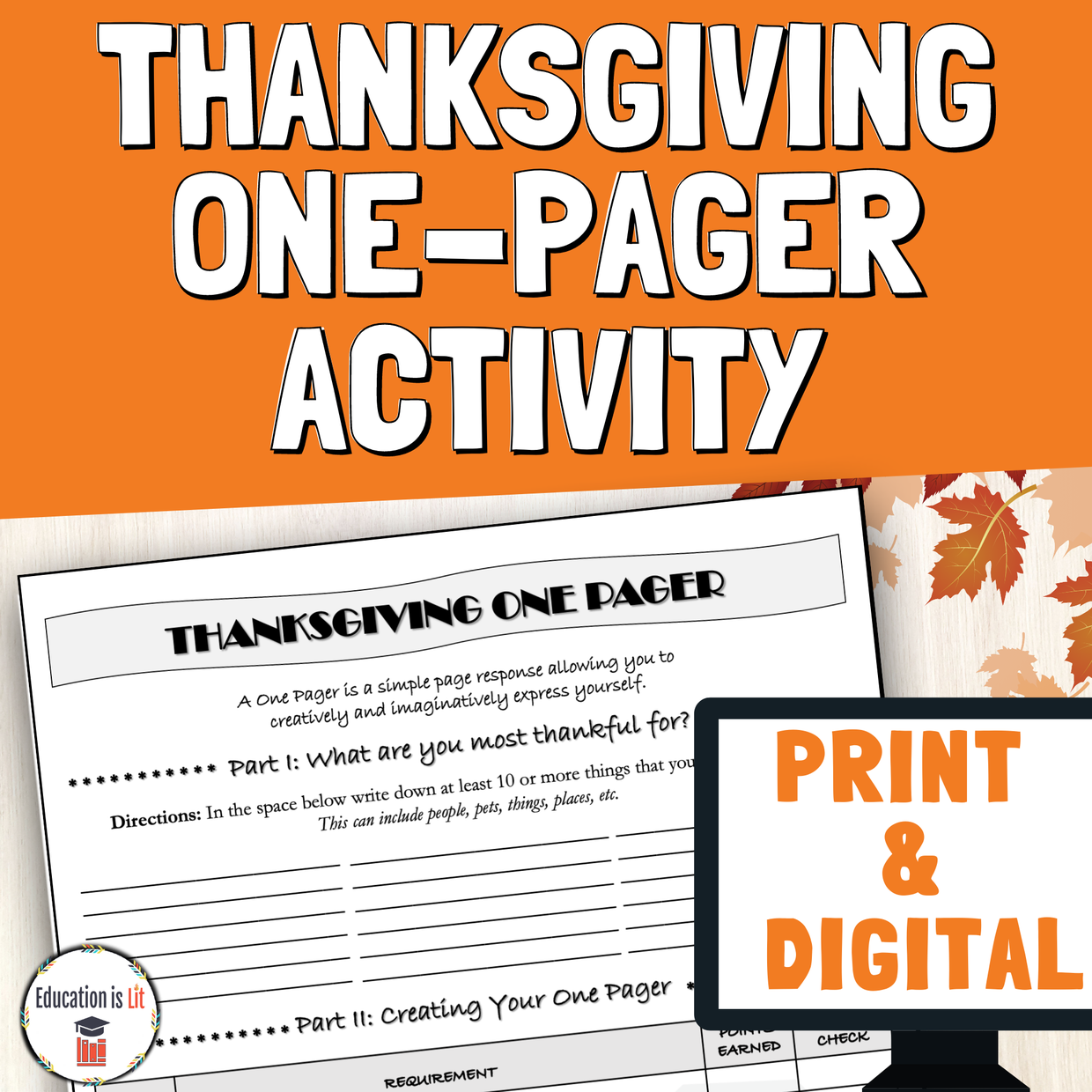 Thanksgiving One Pager Activity