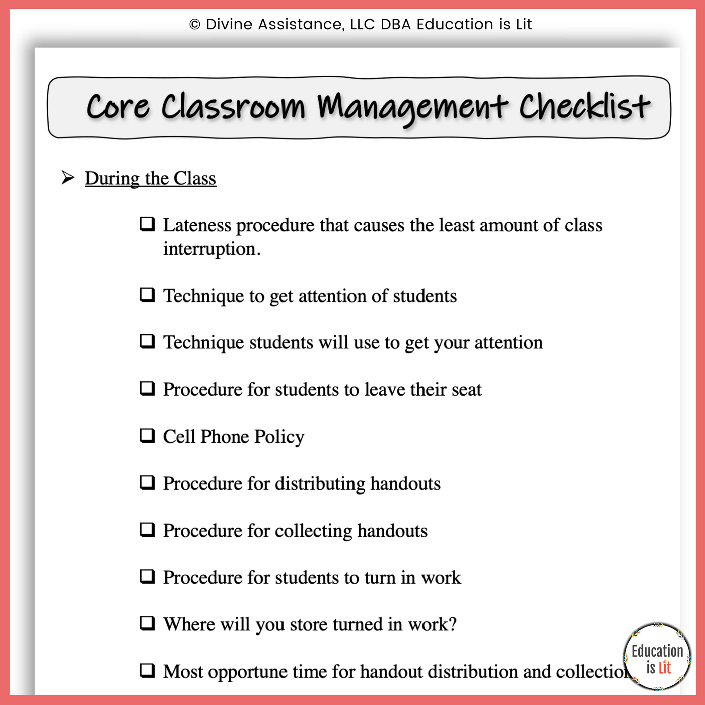 Classroom Management Checklist