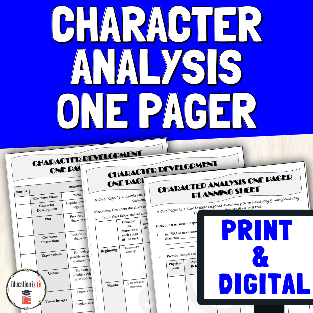 One Pager for Activity for Analyzing Characters