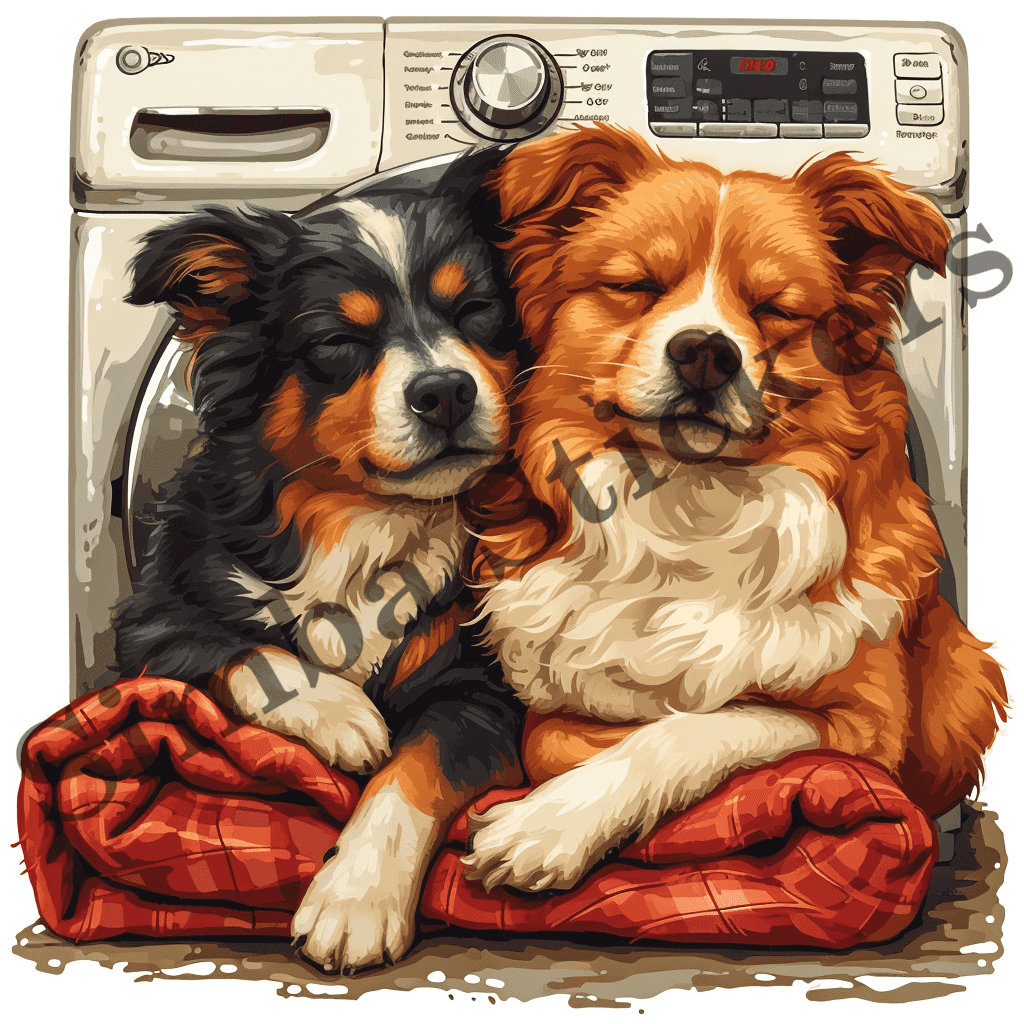 Dogs cuddling by washing machine, image set, 10 images