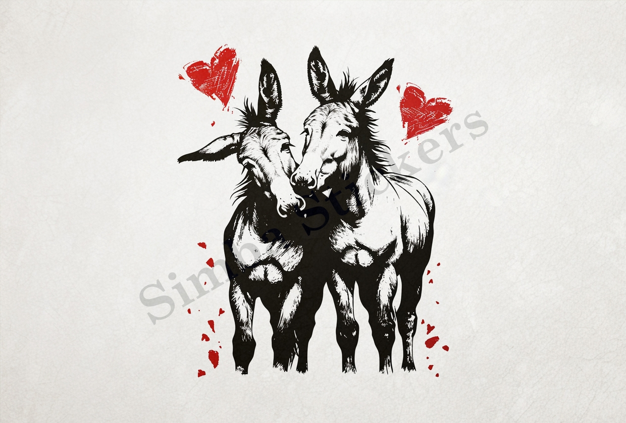 Donkeys in love, nose-to-nose, hearts in picture, outline art