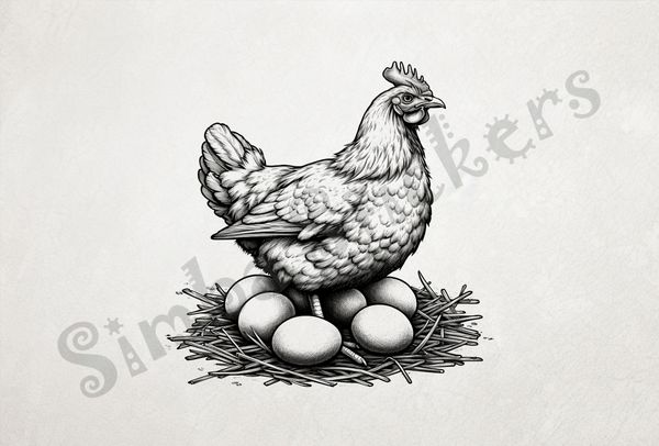 Hen brooding over many eggs, outline art