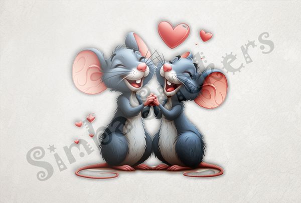 Mice laughing while holding hands, Valentine's hearts