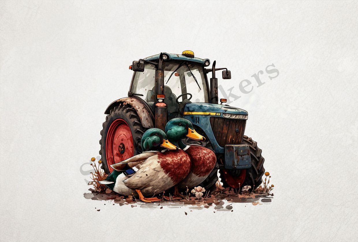 Ducks cuddling in front of farmer's tractor
