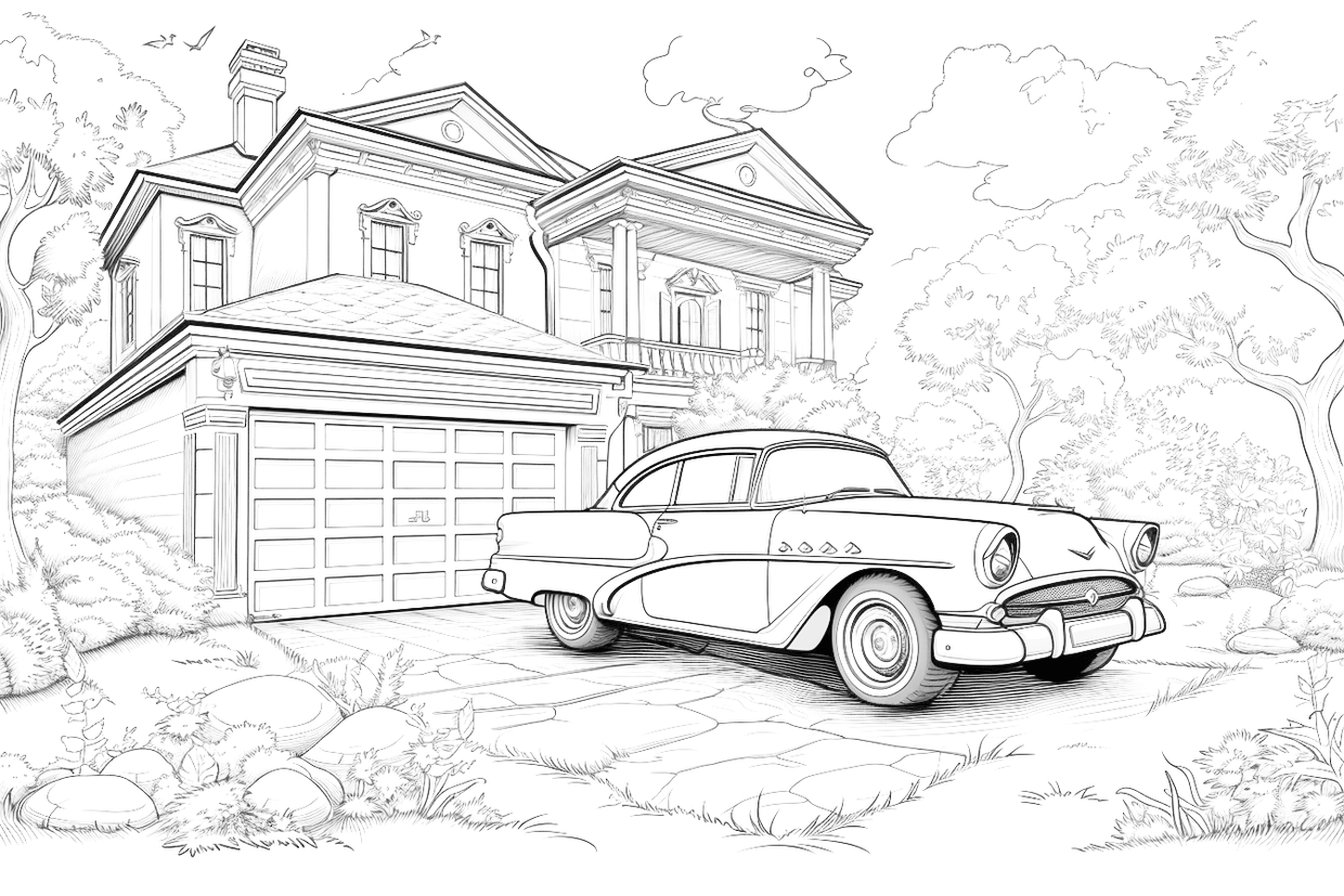 Colouring pages, bundle of houses with car in front, 10 images