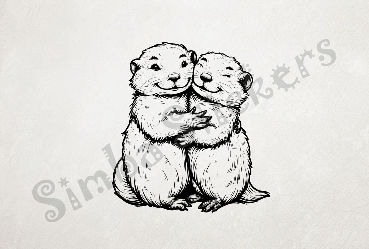 Beavers cuddling in each other's arms, outline art