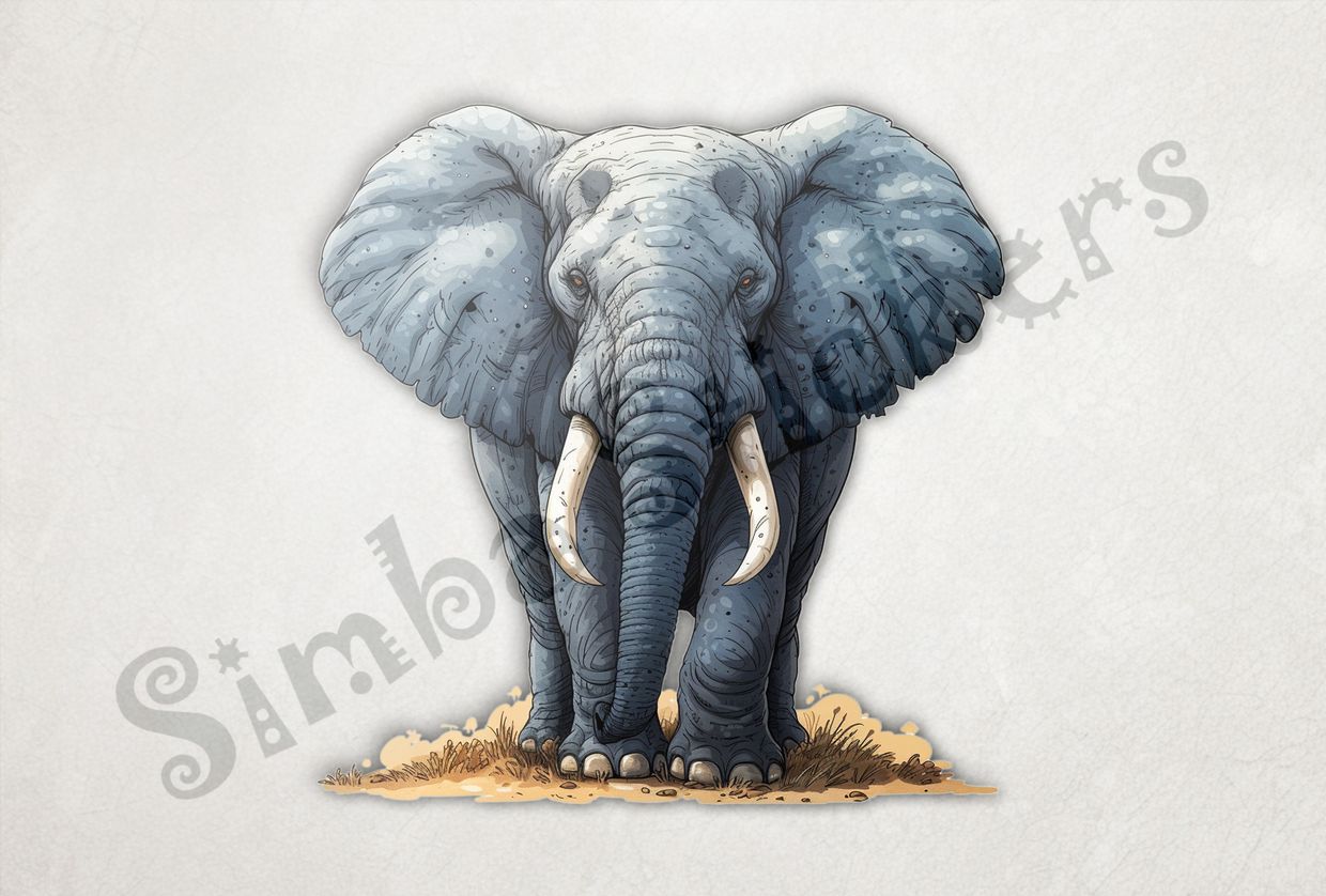 Elephant ears wide-open standing on brownish-goldish ground, watercolour