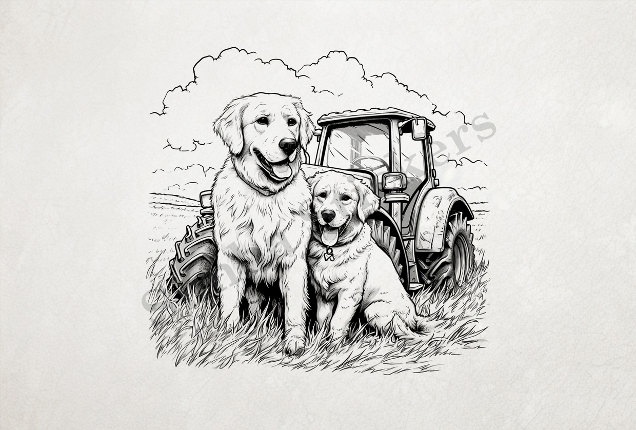 Dogs in love in front of a tractor, outline art, ys4y4f