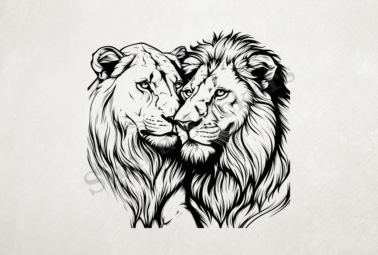 Lion and lioness cheek-to-cheek, romantic, outline art
