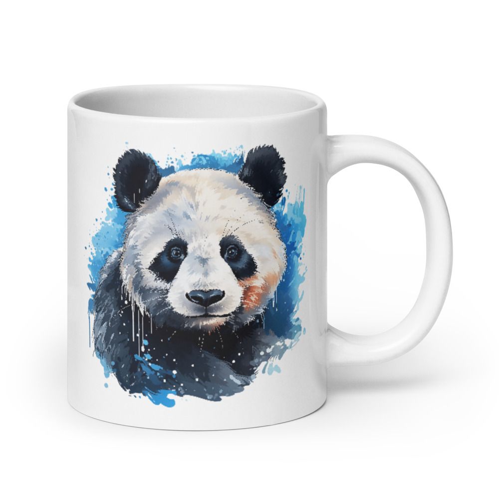 White Glossy Mug, 20oz, Panda bear close-up, watercolour