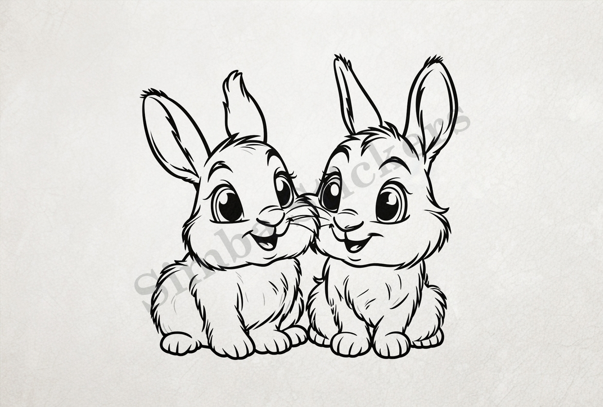 Bunnies in love, cheek-to-cheek, outline art