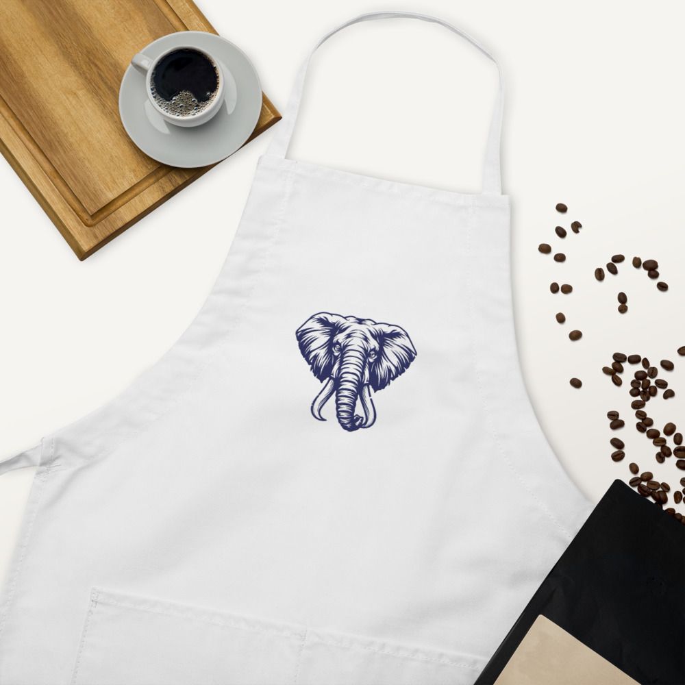 Embroidered apron, Elephant, face with large trunk and tusks, outline art