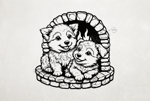 Dogs cuddling by the fireplace, outline art