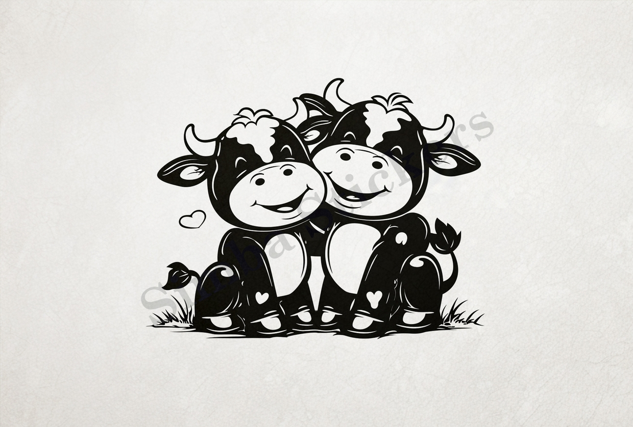 Bull and cow cheek-to-cheek, outline art