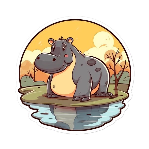 Sticker 5.5x5.5, Cute hippo next to the pond