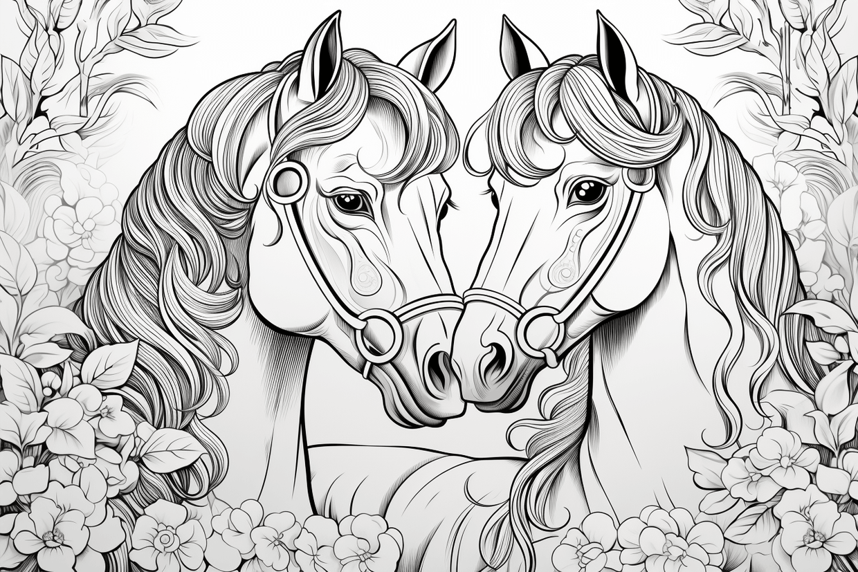 Colouring pages, bundle of horses in love, 10 images